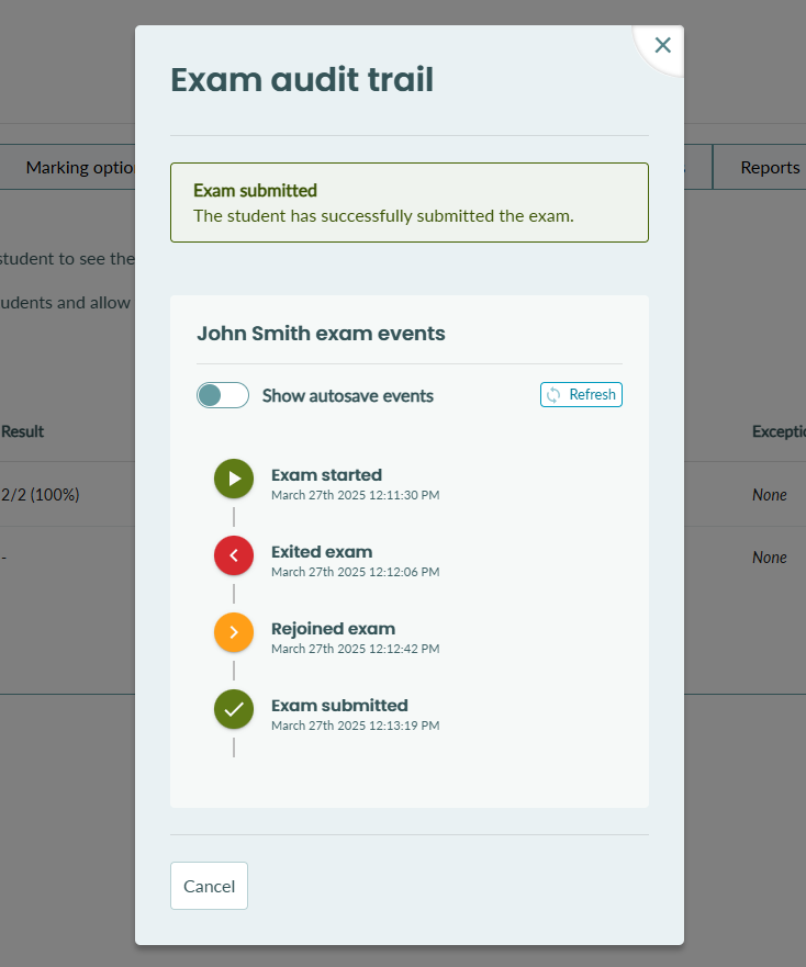 Student audit trail - BetterExaminations Documentation